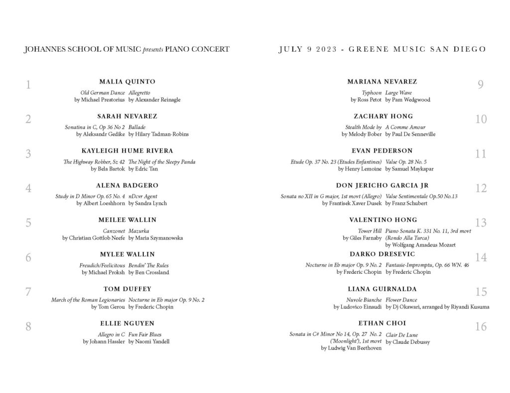 Official Program for Piano Concert 2023 – Johannes School of Music